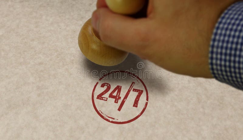 24 by 7 Round the Clock Stamp and Stamping Stock Image - Image of ...