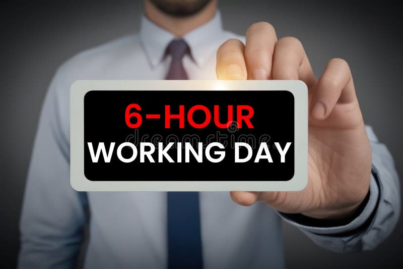 6 HOUR WORKING DAY Words Inscription on a Sign in the Hands of a Worker ...