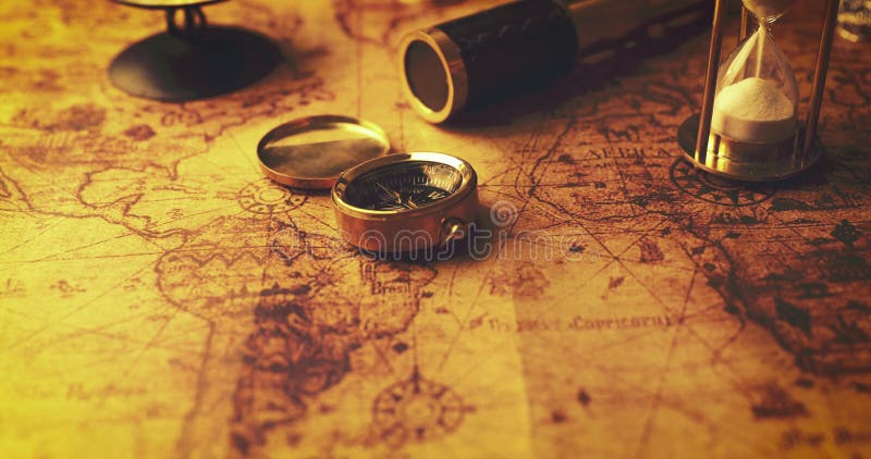 Hourglass and Ancient Navigation Items on Old World Map Stock Footage ...