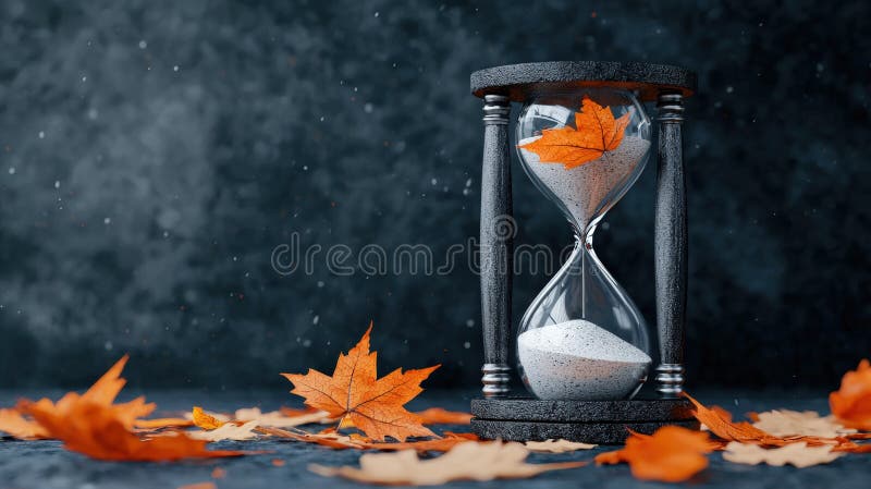 Hourglass with Autumn Leaves on a Dark Background Symbolizing Time and ...