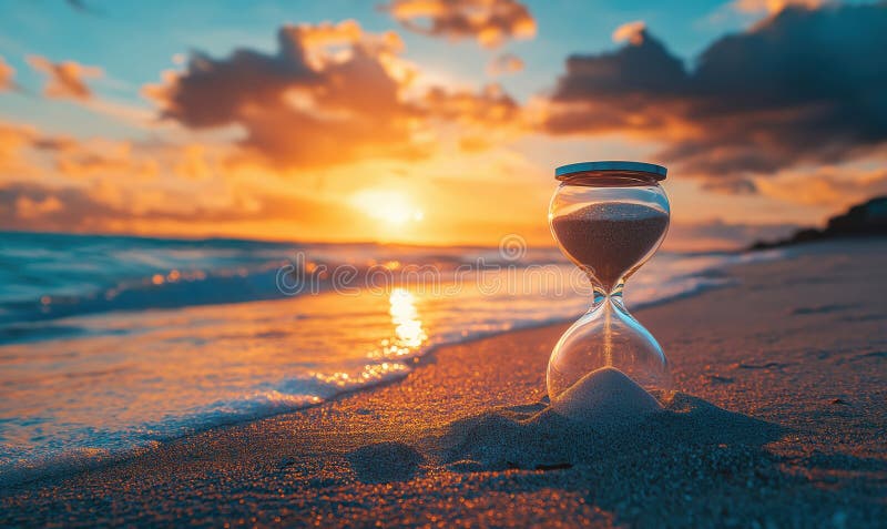 Hourglass on Beach at Sunset Symbolizing Time and Tranquility Stock ...