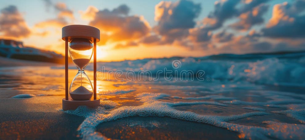 Hourglass on Beach at Sunset with Waves and Clouds in Background Stock ...