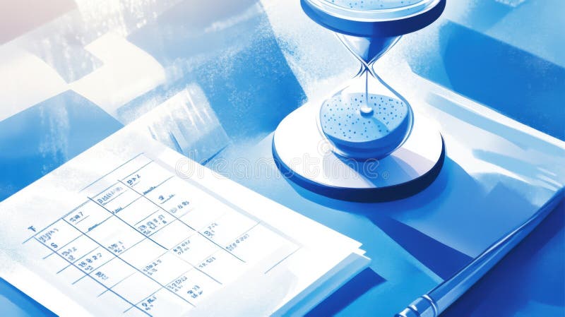 Hourglass and Blue Desk Setup for Time Management and Productivity ...