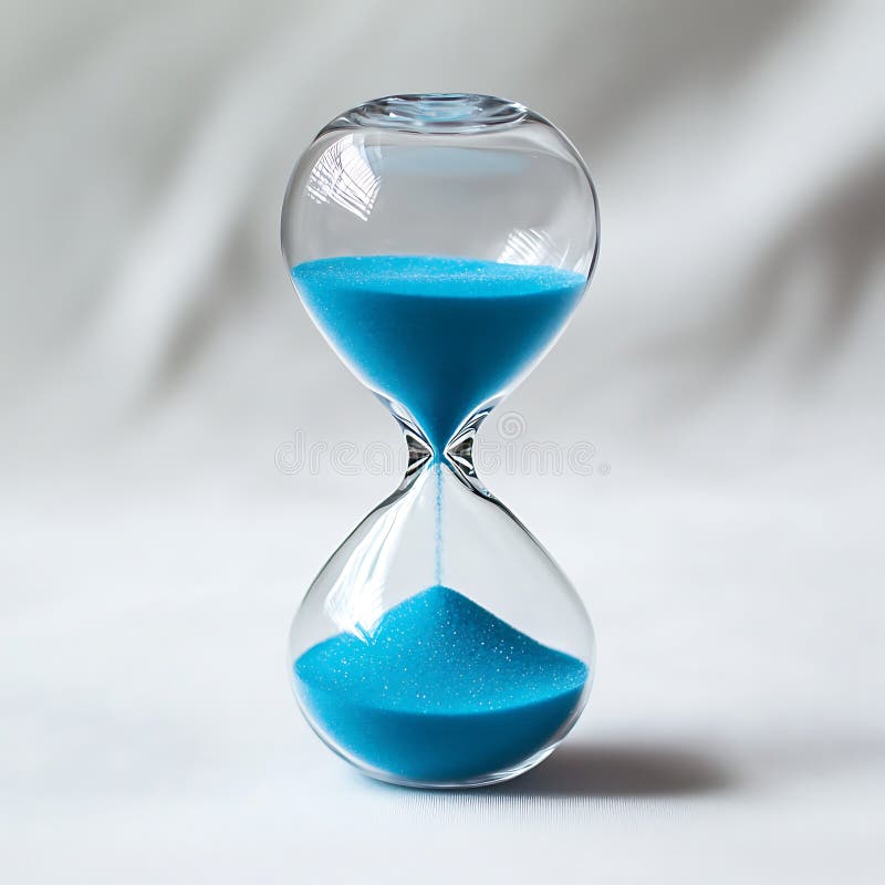 Hourglass with Blue Sand Flowing Down in Front of White Backdrop Stock ...