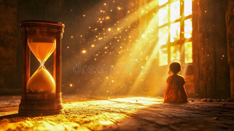 Hourglass and Child in Golden Sunlight through Dusty Window Stock Image ...