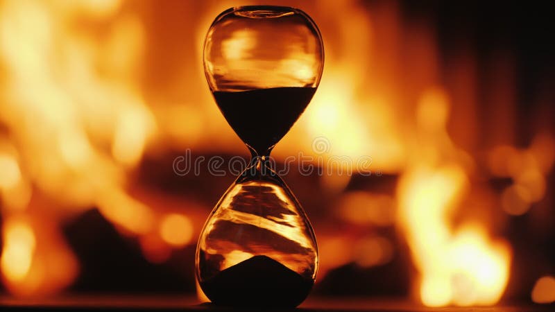 Hourglass Clock Against the Background of the Fireplace Where the Fire ...