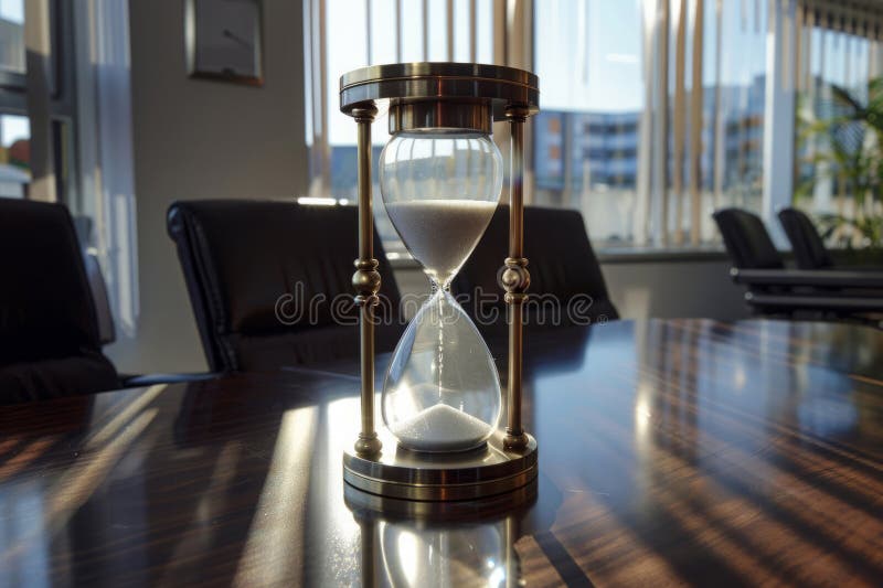 Hourglass Counting Down Time on Table in Office Stock Photo - Image of ...
