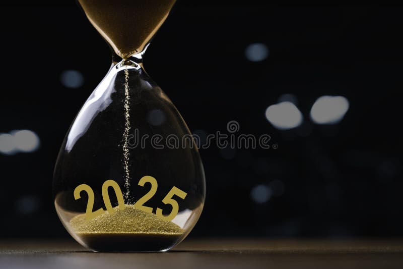 Hourglass with 2025 on Dark Background with Bokeh and Copy Space for ...