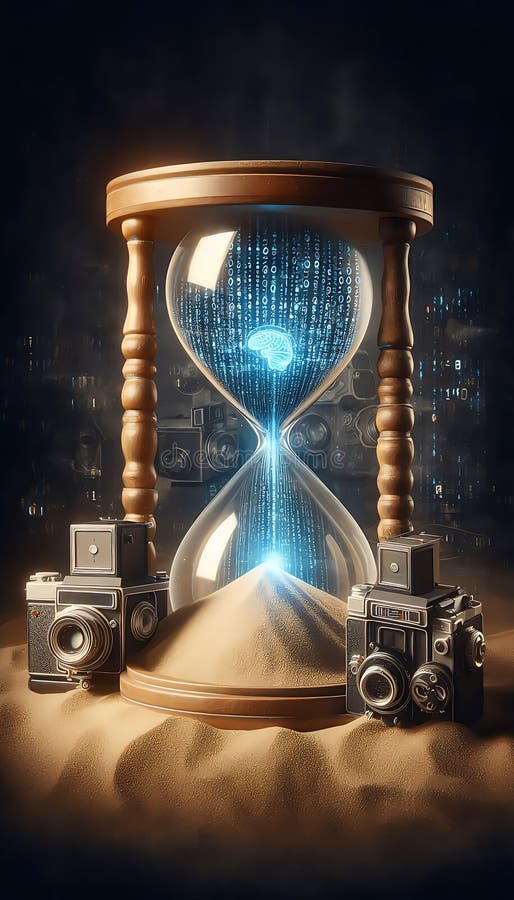 Hourglass with Digital Circuit Pattern Alongside Vintage Film Cameras ...