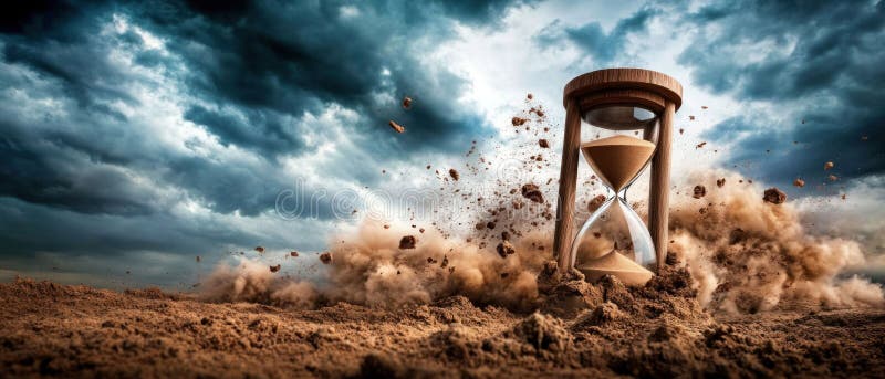 Hourglass with Exploding Sand in Stormy Landscape Stock Illustration ...