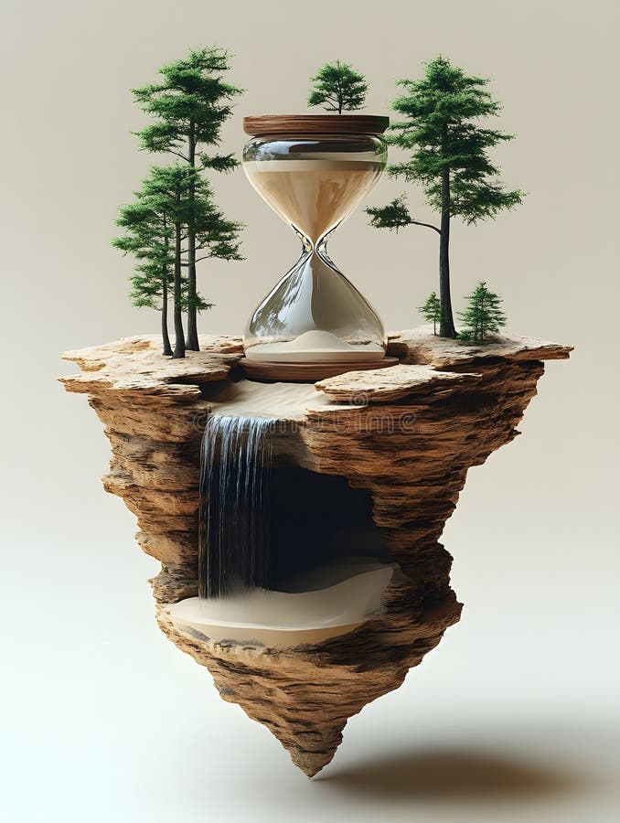 Hourglass on a Floating Island with Trees and Waterfall Representing ...