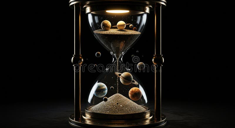 Hourglass with Floating Planets Depicted Inside, Set Against a Black ...