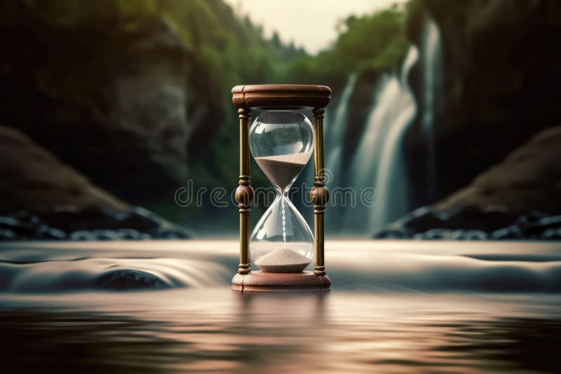 Hourglass with Flowing Water on a Serene Waterfall Background ...