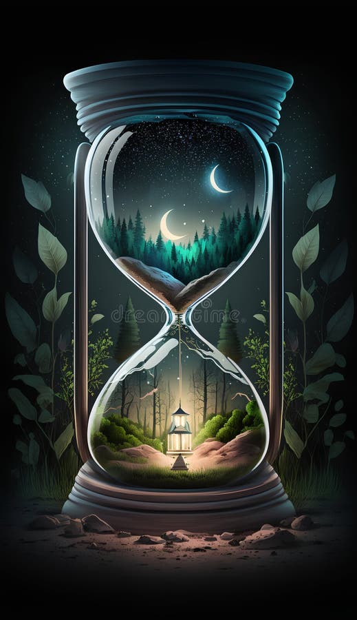 Hourglass in the Forest with Moon and Stars. 3D Rendering Stock ...