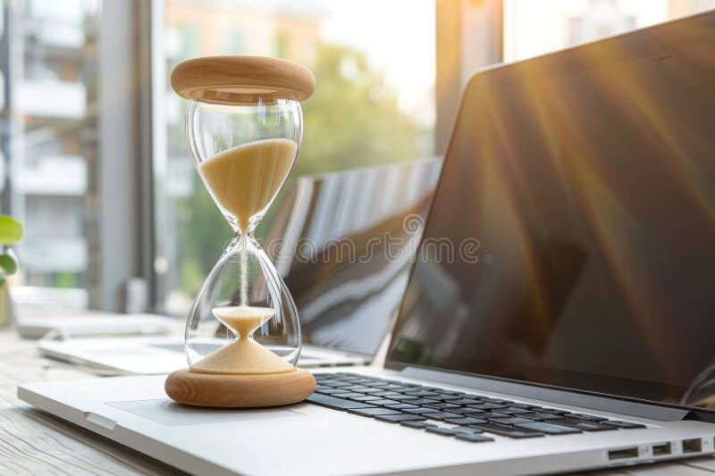 Hourglass on a Laptop in a Bright Office Space Symbolizes Time ...