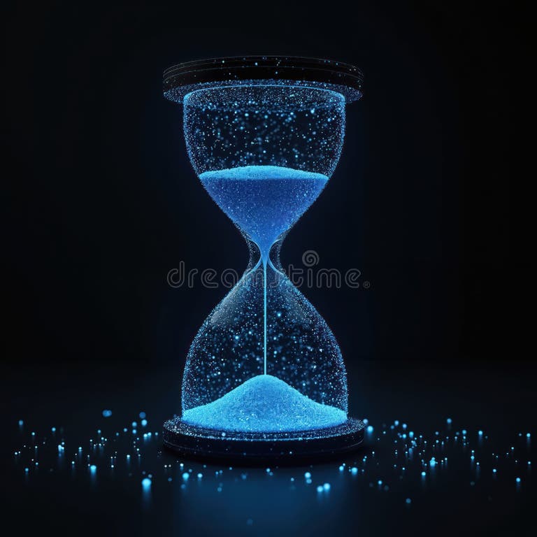 Hourglass Made of Blue Digital Particles on Black Backdrop. Clock Shows ...