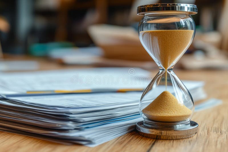 Hourglass is Measuring Time Passing by on a Wooden Desk with Stack of ...