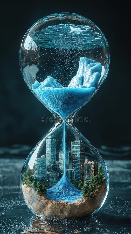 Hourglass with Melting Iceberg and Sinking City, Climate Change Warning ...