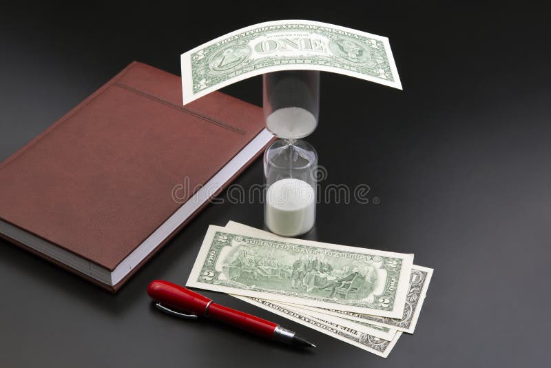 Hourglass, Money, Pen and Notebook are on the Table. Business Office ...