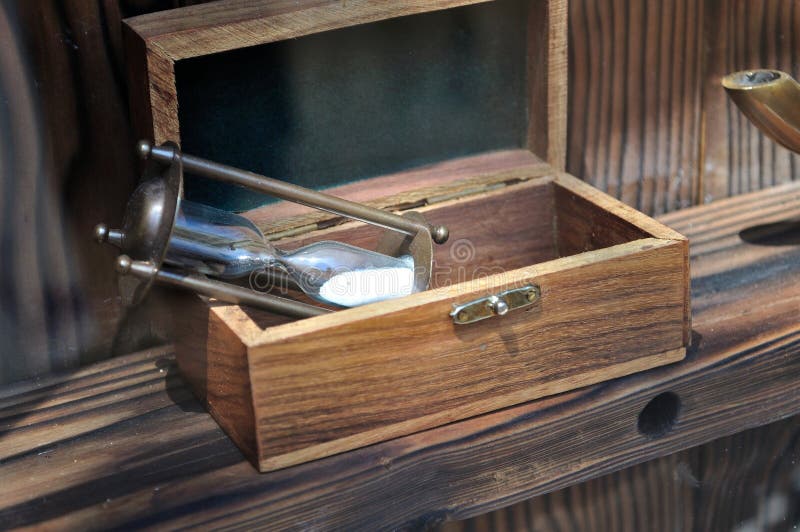 Hourglass on Old Vintage Wooden Box Stock Image - Image of timer ...