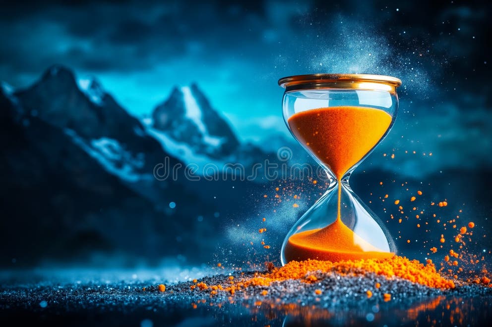 An Hourglass with Orange Sand Running through it in Front of a Mountain ...