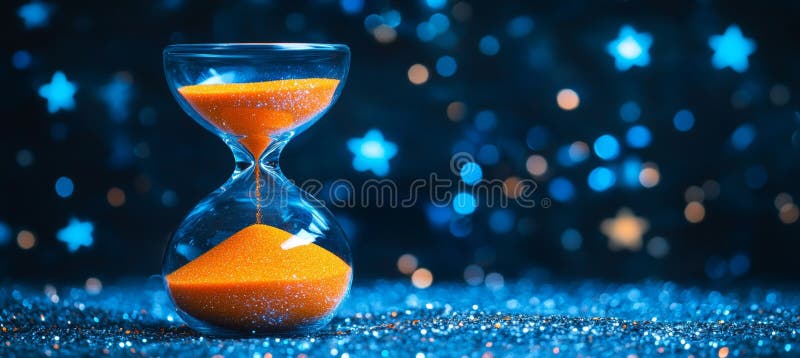 Hourglass with Orange Sand on a Sparkling Blue Background with Stars ...