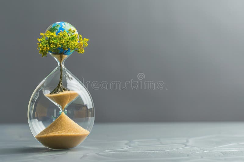 Hourglass with Planet Earth and Tree Inside on Grey Background, Concept ...