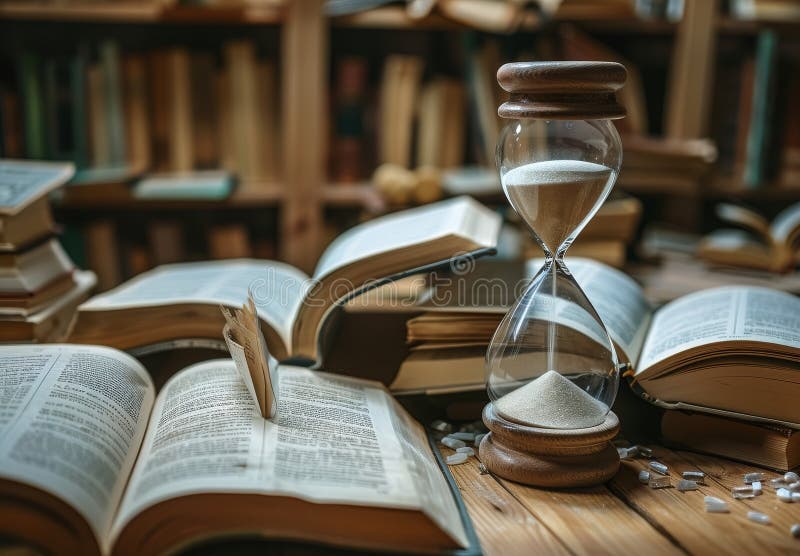 An Hourglass Resting on Open Books in a Library Stock Photo - Image of ...