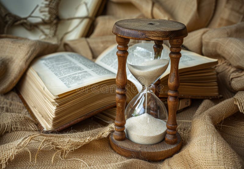 An Hourglass Resting on Vintage Books and Burlap Fabric Stock Image ...