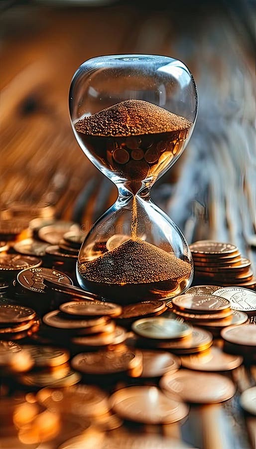 An Hourglass Rests Atop a Stack of Coins in the Image Stock Image ...
