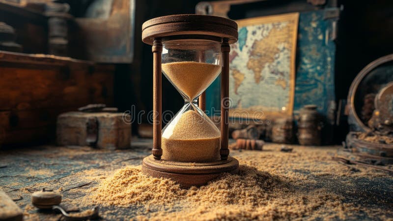 An Hourglass with Sand in Motion Placed Above a World Map Stock Photo ...