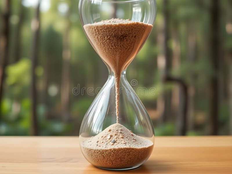 Hourglass with Sand on Wooden Table in Forest. Time Management Concept ...