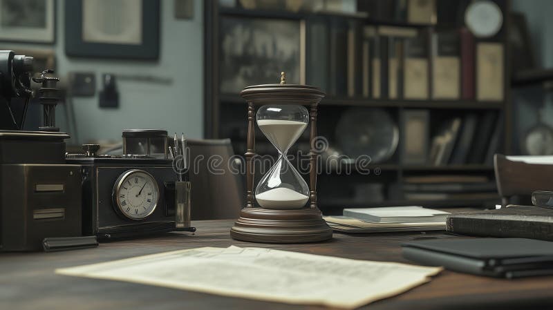 Hourglass Measuring Time on Desk in Vintage Office Setting with Clock ...