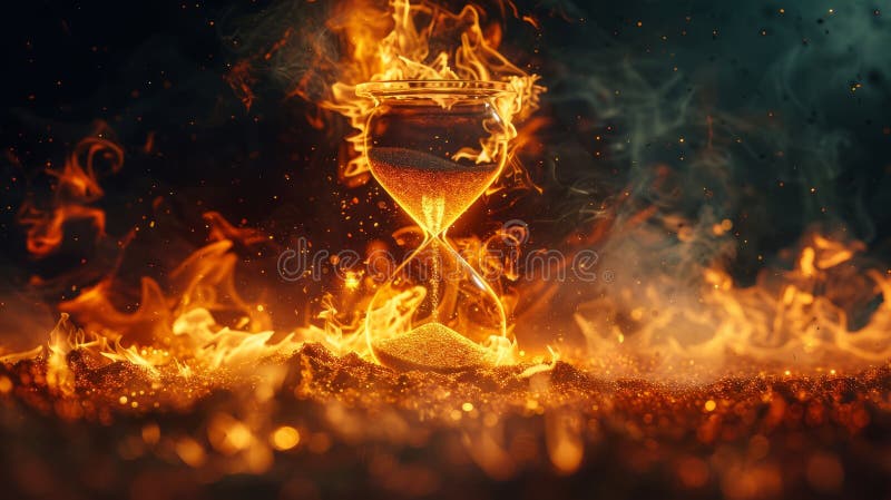 An Hourglass Engulfed in Flames with Glowing Sand in a Dark, Smoky ...