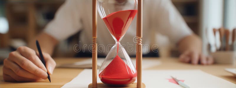 An Hourglass Timer Sits on a Desk As a Person Works in the Background ...