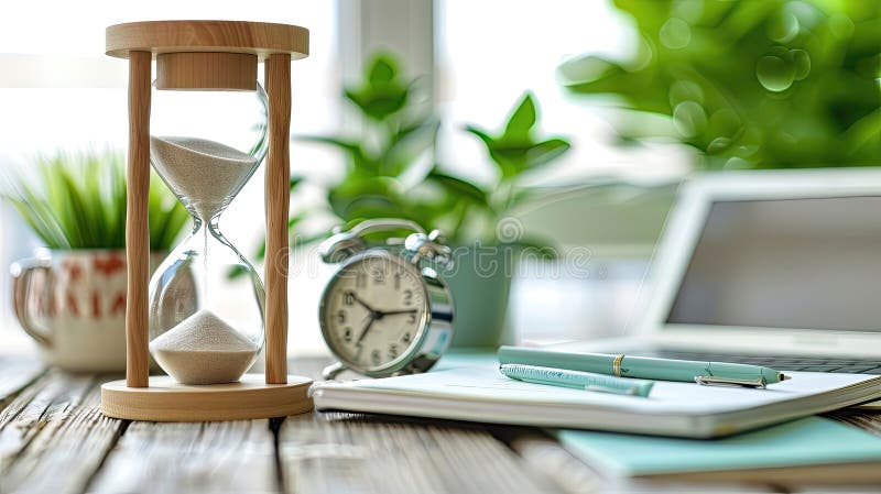 Hourglass on a Wooden Table with a Clock and Laptop. Stock Photo ...