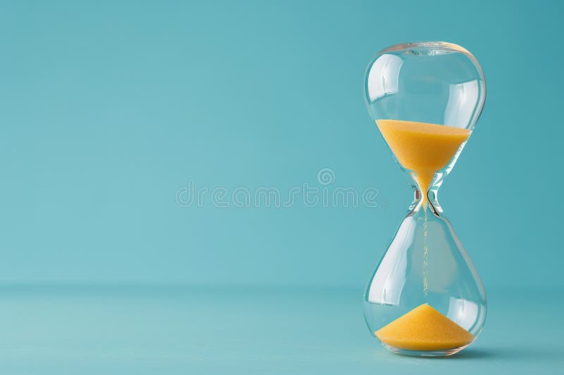 Hourglass with Yellow Sand Timer on Plain Blue Background Stock Photo ...