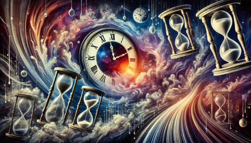 Hourglasses and Clocks Symbolizing Flow of Time in Surreal Space Art ...