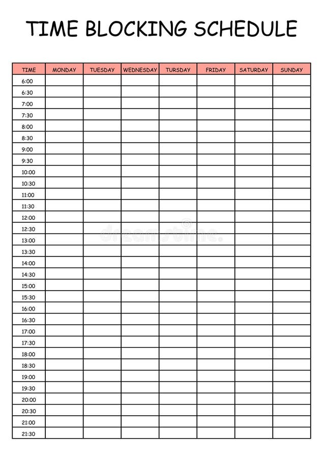 24 Hourly Weekly Schedule - Monday Start. Mockup for daily Scheduling and Time Management Stock ...