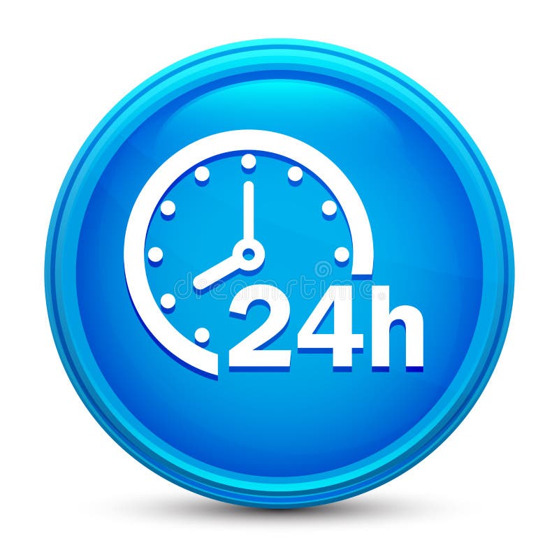 24 Hours Clock Icon Glass Shiny Blue Round Button Isolated Design ...
