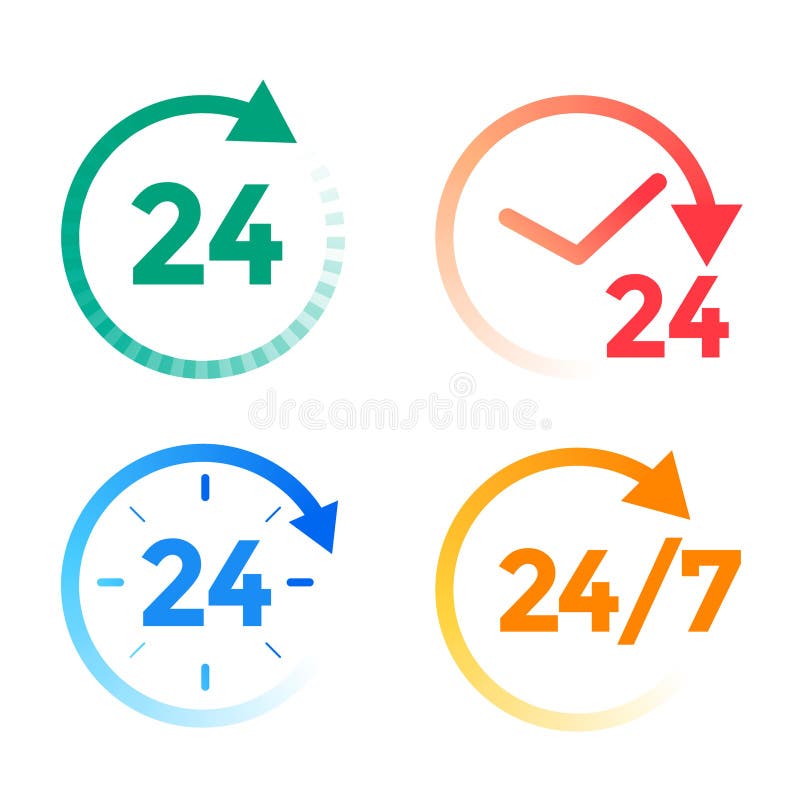 24 Hours a Day Service Icons Set Stock Vector - Illustration of center ...