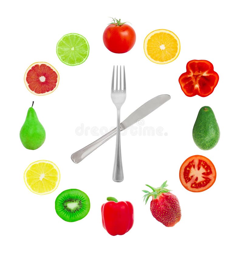 Clock Arranged from Healthy Fruits Isolated on White Background. Stock ...