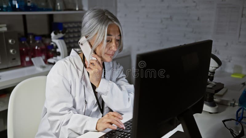 In the after-hours Lab, a Beautiful, Grey-haired Scientist Steadily ...