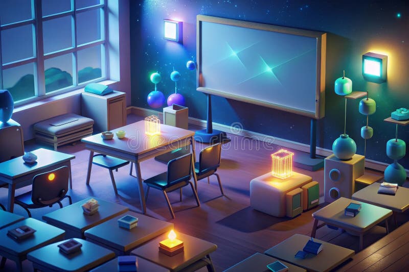 After-hours Learning in a Modern Classroom with Glowing Lights and ...