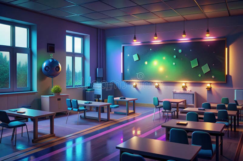 After-hours Learning in a Modern Classroom with Glowing Lights and ...