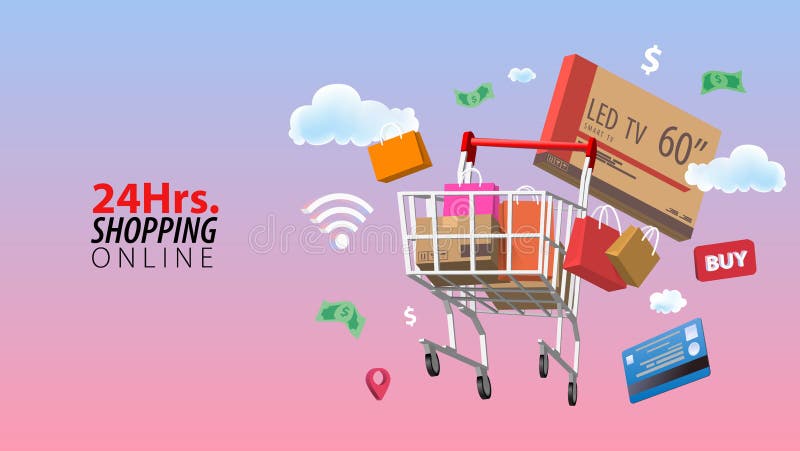 24 Hours Online Shopping stock illustration. Illustration of flat ...