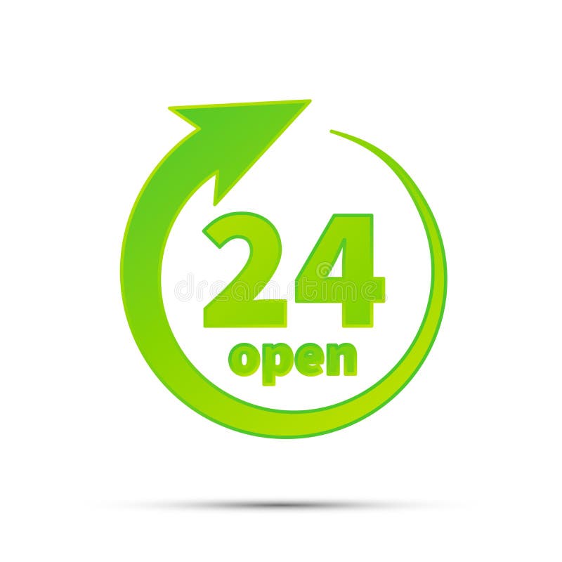 24 Hours Open, Bright Green Simple Icon on White Stock Vector ...