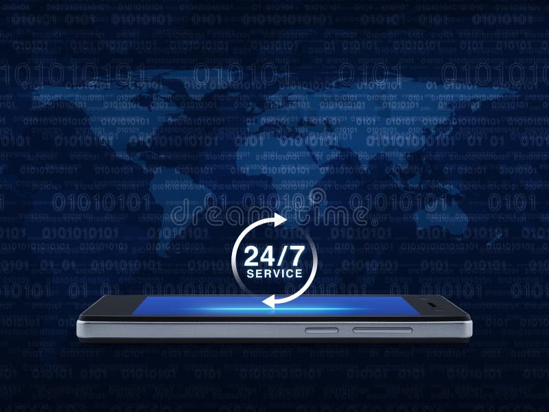 24 Hours Service Icon on Modern Smart Phone Screen Over Map and Stock ...