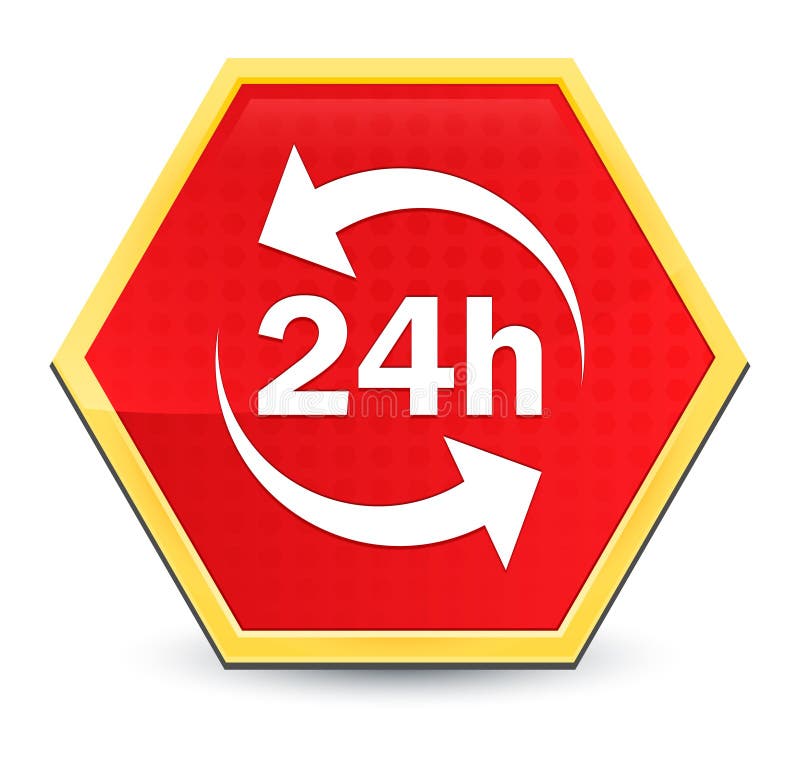 24 Hours Update Icon Abstract Red Hexagon Button Bright Yellow Frame ...