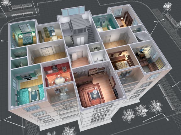 House Section Interior 3d Drawing Stock Illustrations – 322 House ...